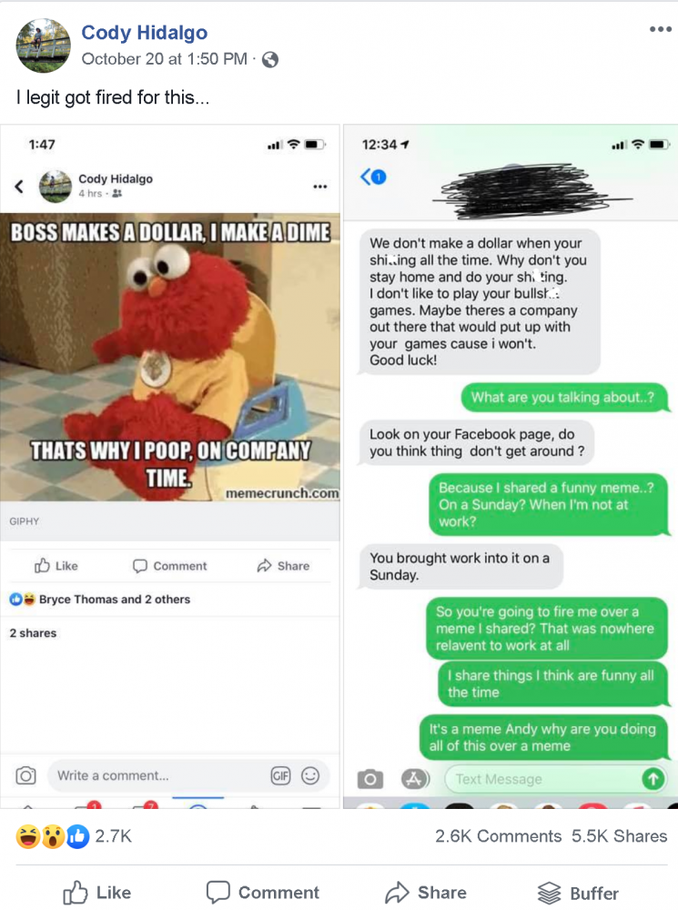 Yes, you can be fired for sharing Elmo poop memes. It's another lesson ...