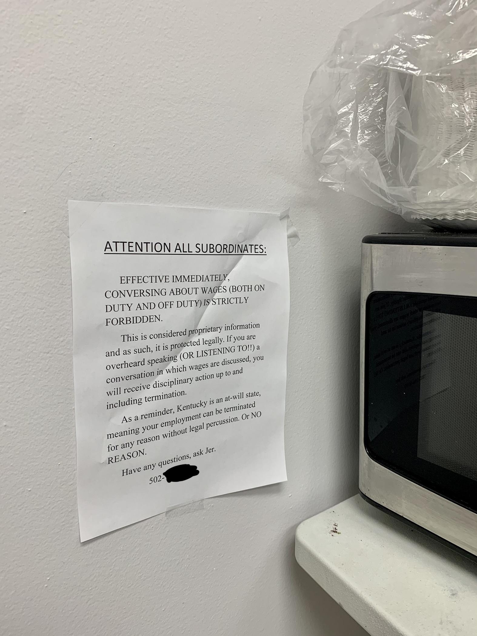 No, this sign that your boss posted in the breakroom is NOT legal ...